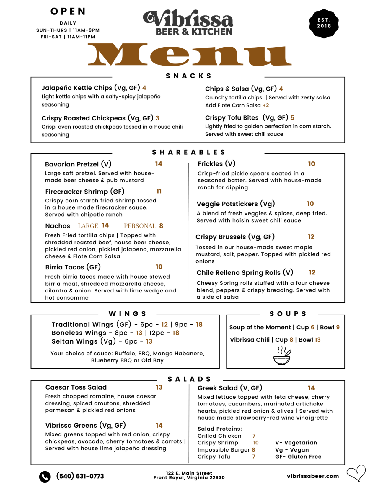 Vibrissa Food Menu - Front Royal - Vibrissa Beer